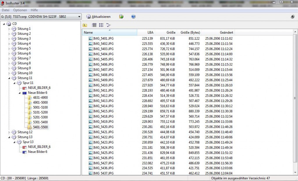 Sessions einer Multisession-CD auslesen