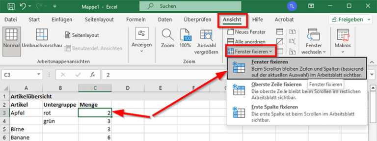 Excel: Oberste Zeile fixieren - Spalten und Zeilen fixieren