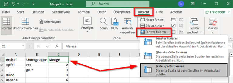 Excel: Oberste Zeile fixieren - Spalten und Zeilen fixieren