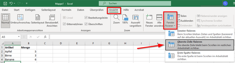 Excel: Oberste Zeile fixieren - Spalten und Zeilen fixieren